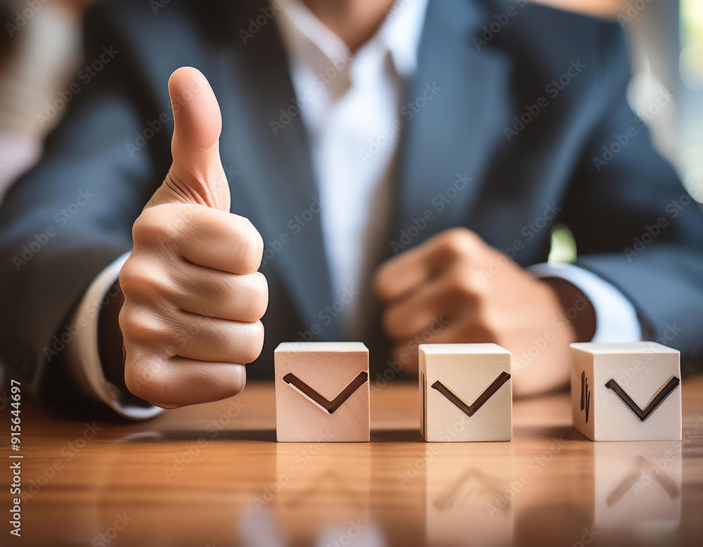 Receiving approval and endorsement, featuring symbols like a thumbs up ...