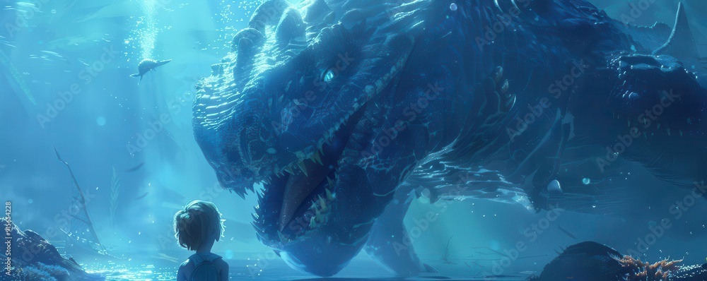 Depict a moody underwater world survival story with a protagonist ...