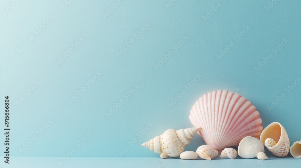 Pastel Pink Seashell on Blue Table with Delicate Seashells and Pebbles ...