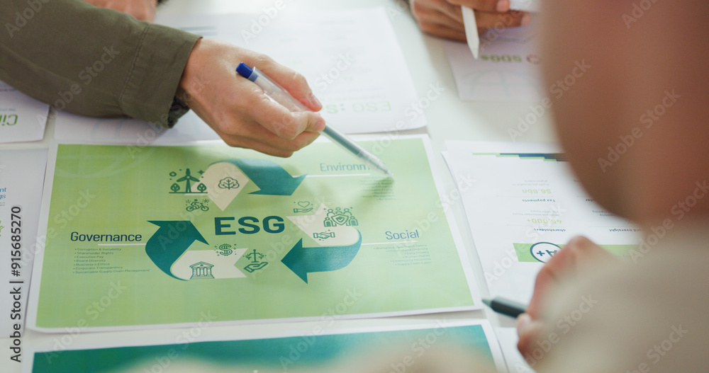 Closeup group Asia businesspeople talk ESG strategies risk management workshop, SDGs report ...