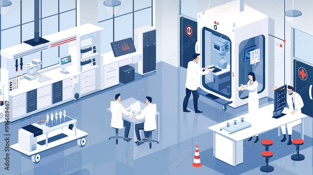 Laboratory technicians conducting research in a modern lab with ...