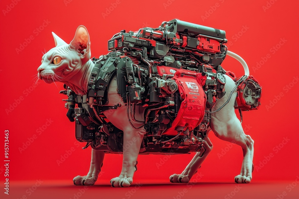 Cyborg Sphynx Warrior, a standing mechanical sphynx cat adorned in ...