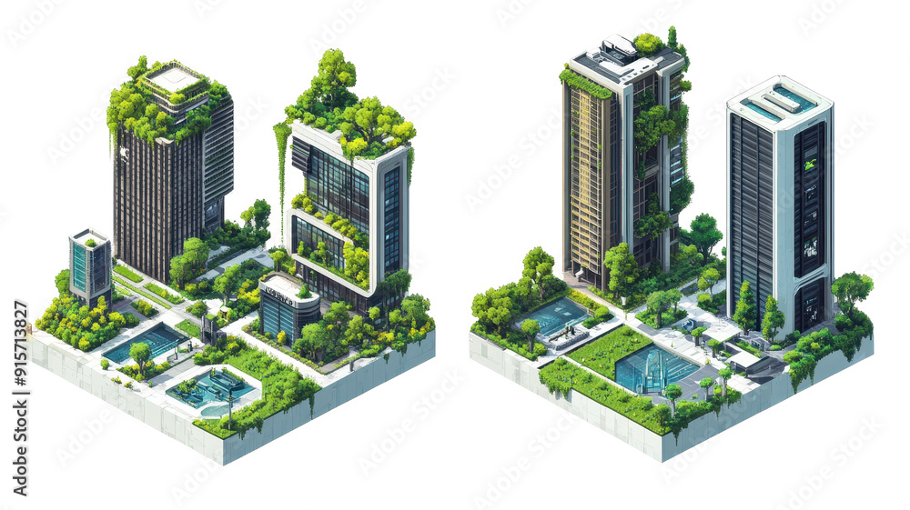 Isometric clean pixel art image of Urban Oasis, greenery, futuristic ...