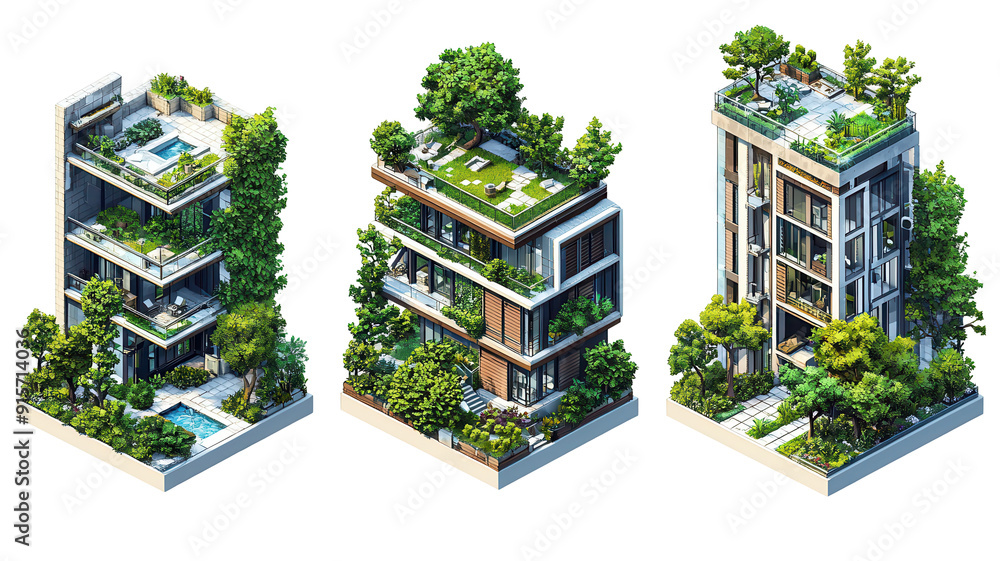 Isometric clean pixel art image of Urban Oasis, greenery, futuristic ...