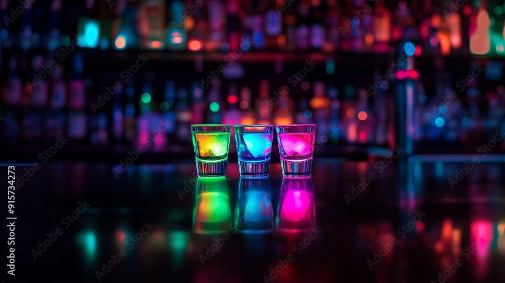 Three colorful neon shots on a bar counter at a nightclub showcasing ...