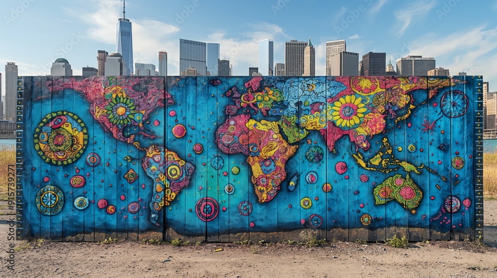 A world map mural featuring intricate floral and geometric patterns ...