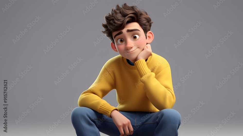 3D style cartoon character of a teen boy in a yellow sweater, with a ...