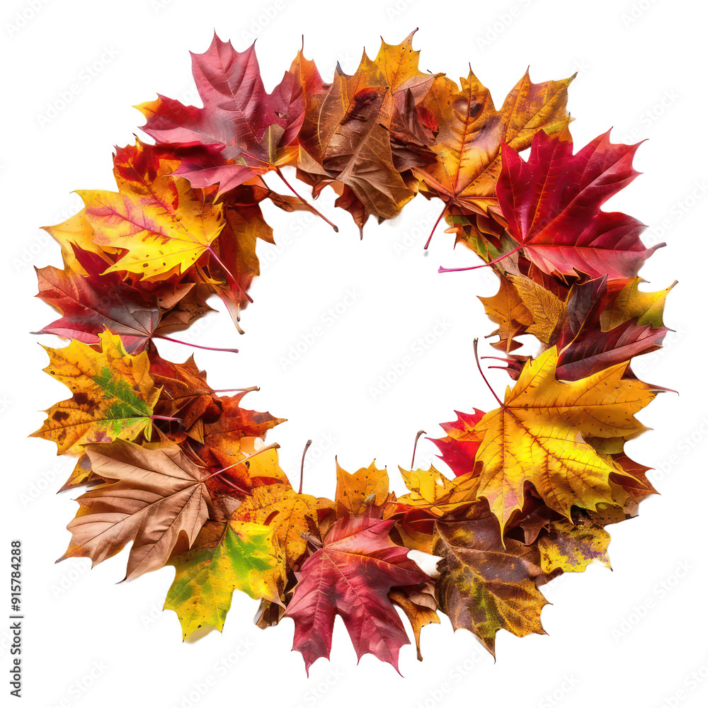 Round autumn leaves wreath in different shapes and sizes in red, orange ...