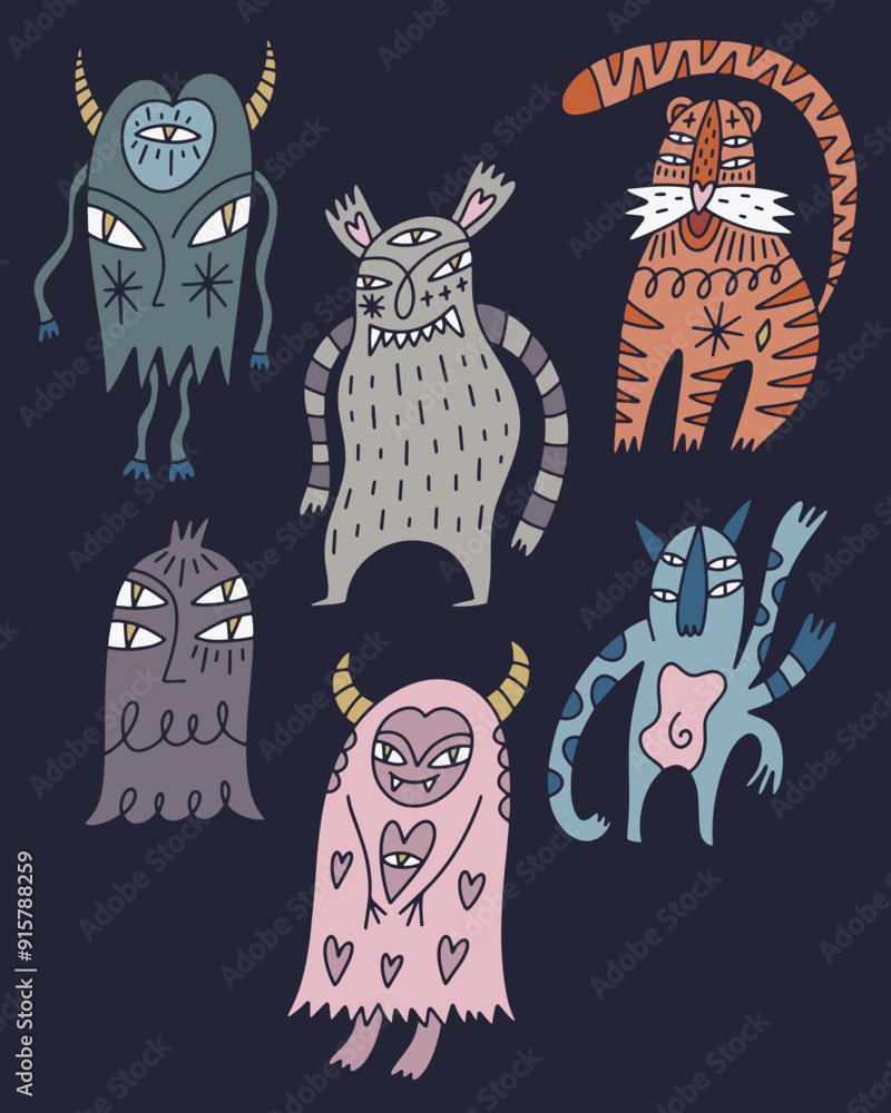 Boho mystical kind friendly monsters characters vector flat art set ...