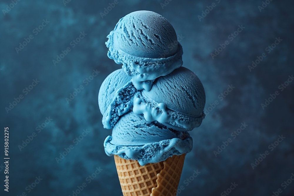 Blue ice cream scoops in waffle cone on blue background. Dessert and ...