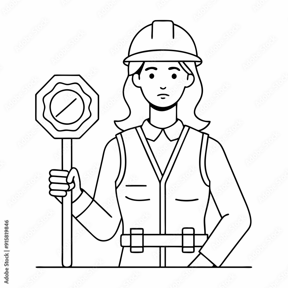 continuous single line drawing of female road worker with stop sign ...