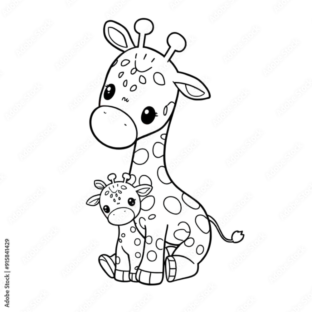 Cute kawaii giraffe and baby coloring page on an Isolated transparent ...