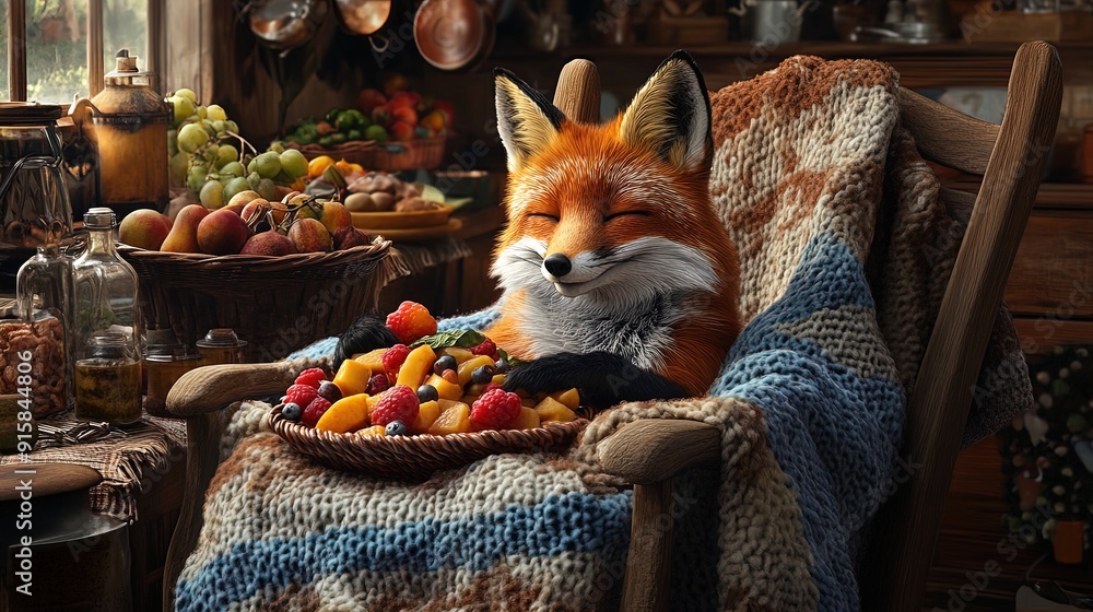 Whimsical Fox on Vintage Rocking Chair with Cozy Blanket: Perfect ...