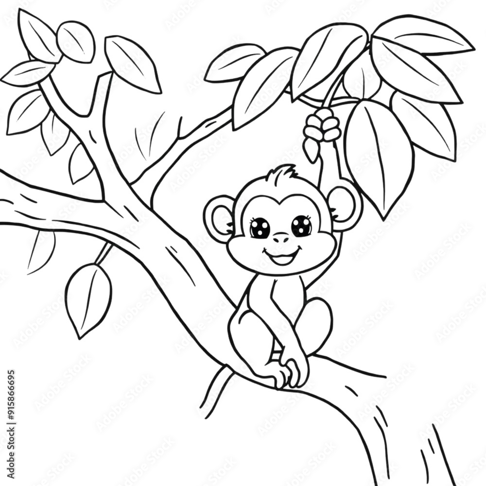 Coloring page outline of a monkey hanging a branch on a tree on an ...