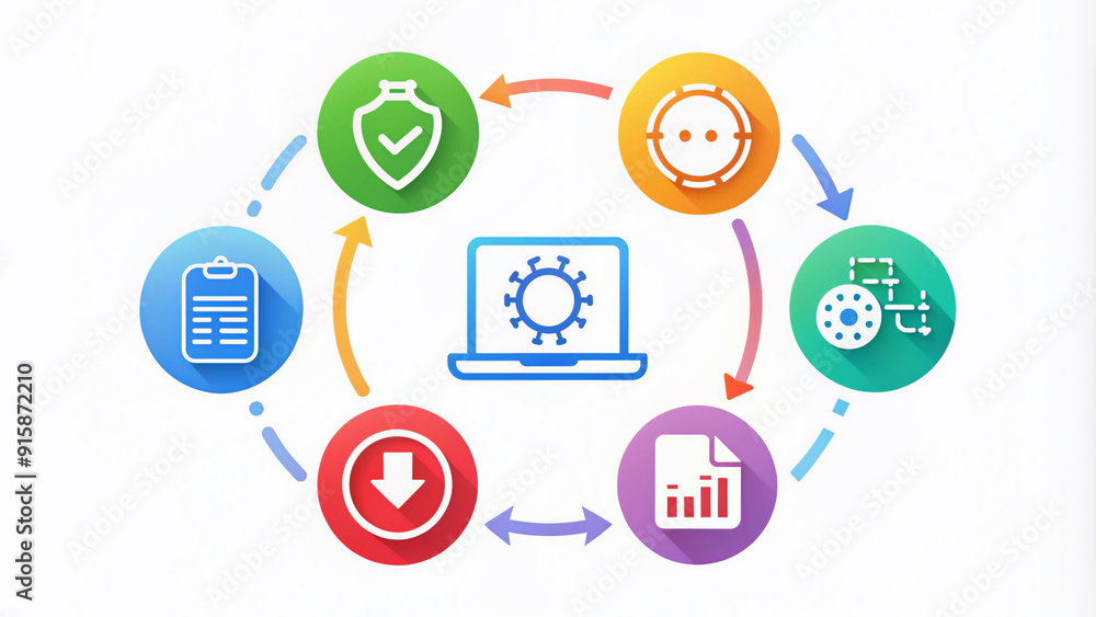 Colorful icons illustrate the coding life cycle, from conception to deployment, featuring stages ...