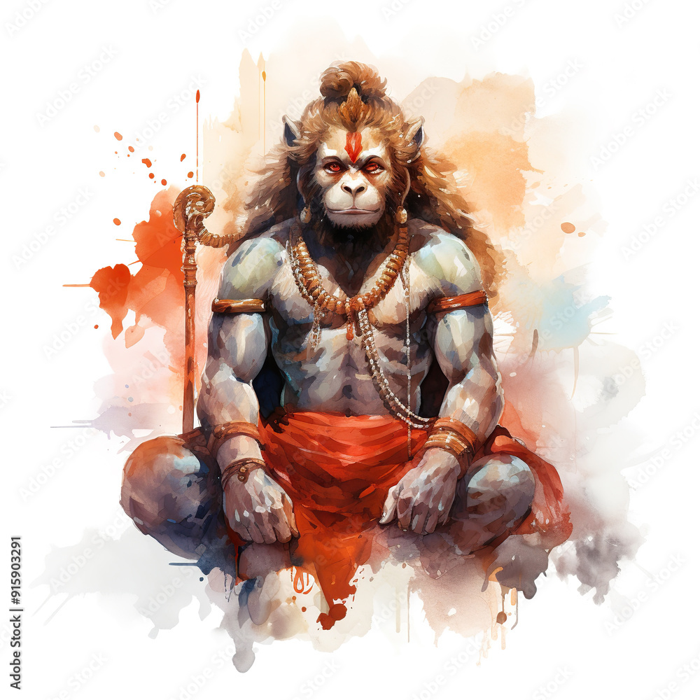 Watercolor Illustration of Hanuman, Hindu Deity, in Sitting Pose. Stock ...