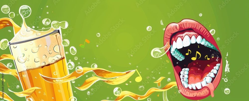 green background for octoberfest banner, featuring three mugs full of ...