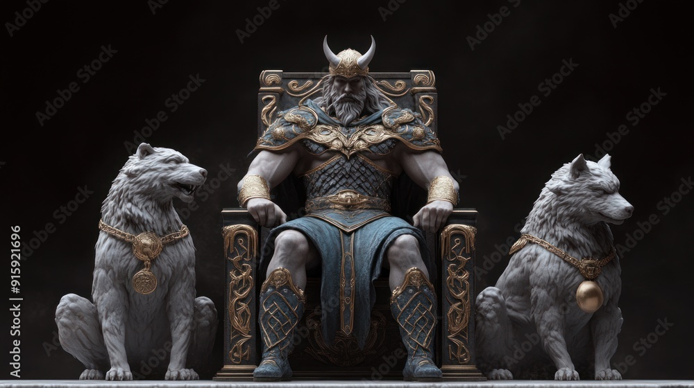 Odin, the Allfather, seated on his throne flanked by his loyal wolves ...