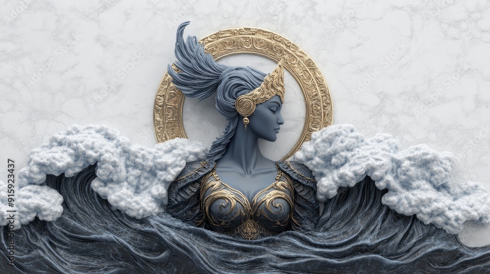 Yemoja, the Ocean Goddess, Crowned in Gold and Surrounded by Majestic ...