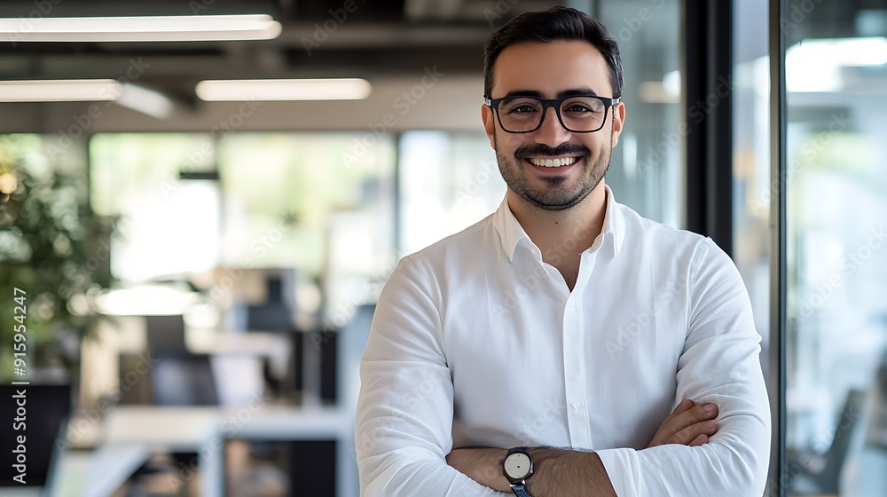 Smiling tech entrepreneur in smart glasses, crisp white shirt, office ...