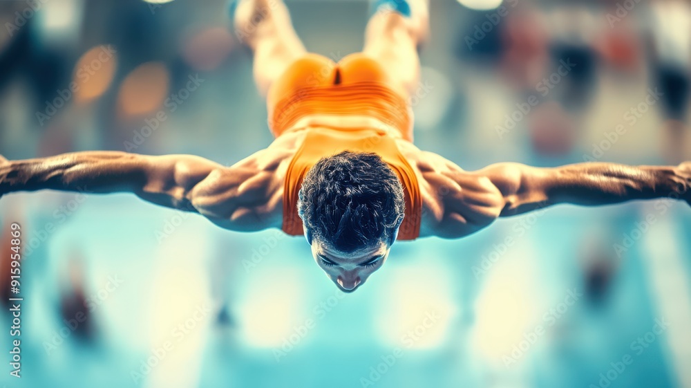 Gymnast performing a pommel horse routine with intense focus and tensed ...