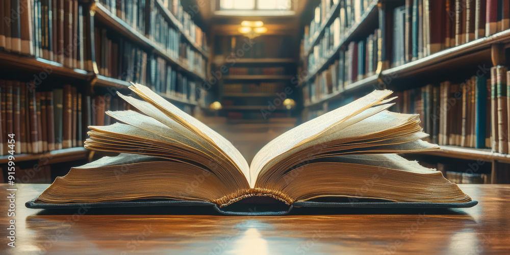 Book in library with old open textbook, stack piles of literature text ...