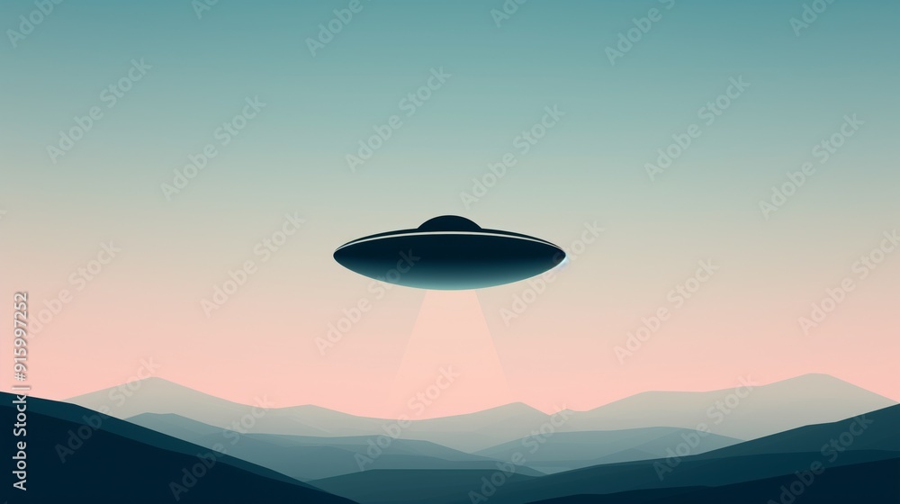 2D illustration of a UFO above a flat landscape with basic shapes on a ...