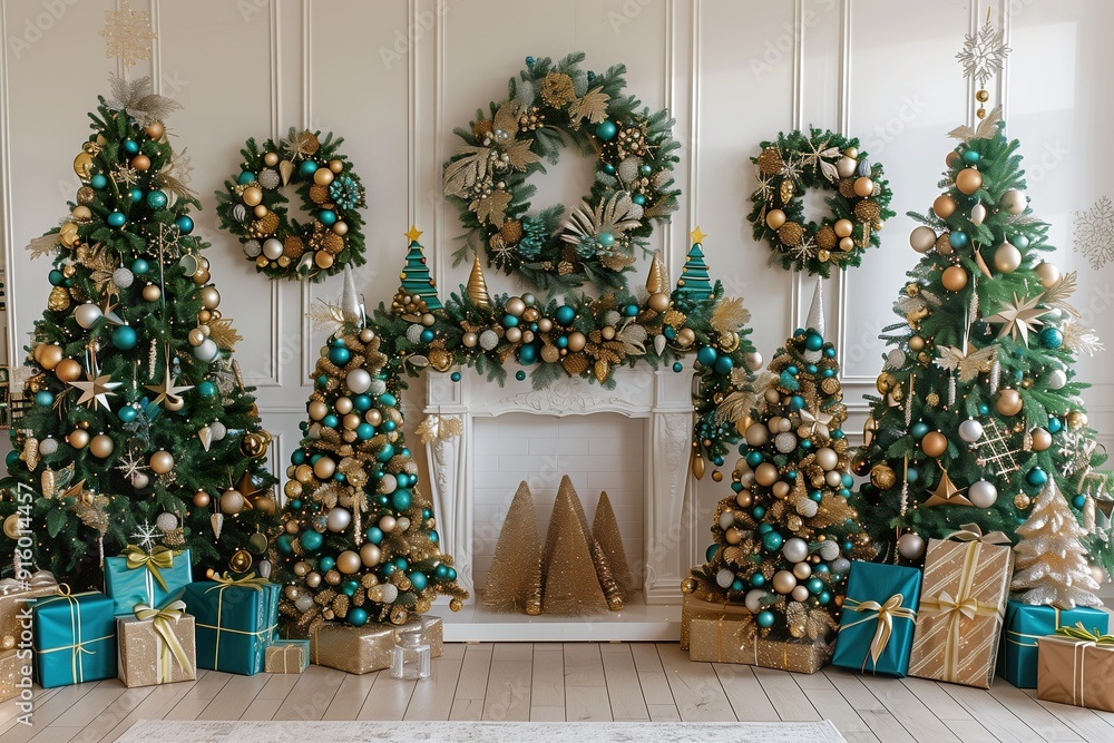 Living room with Christmas trees and decorations, wooden floor ...