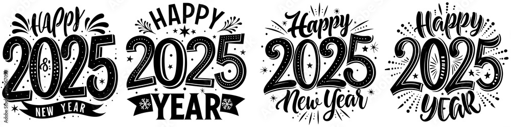 Happy new year 2025. Black lettering isolated on transparent background ...