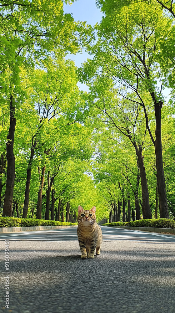 A short fat cat funny cute walks on a tree-lined road on the outskirts ...