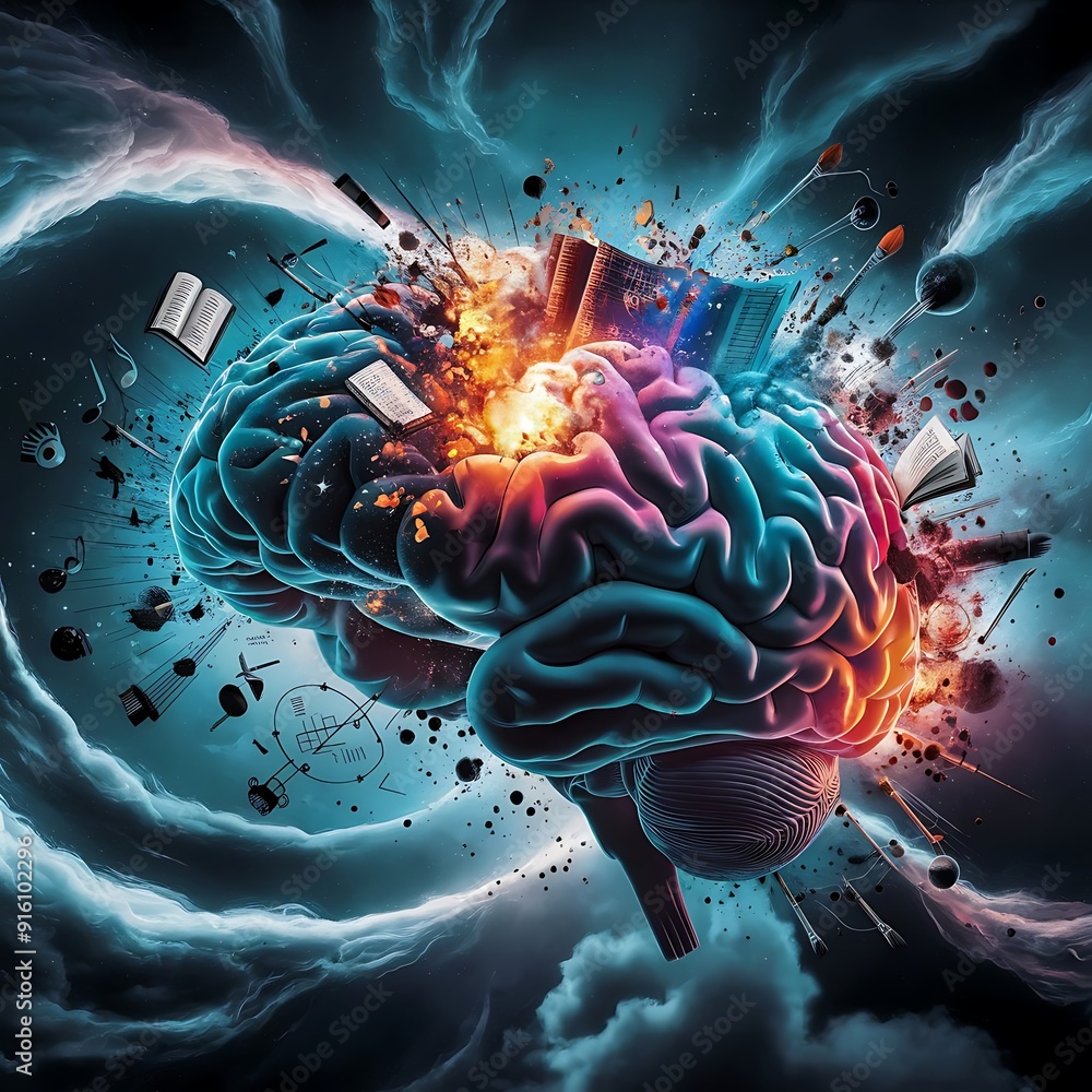 An imaginative concept art piece of a human brain bursting with ...