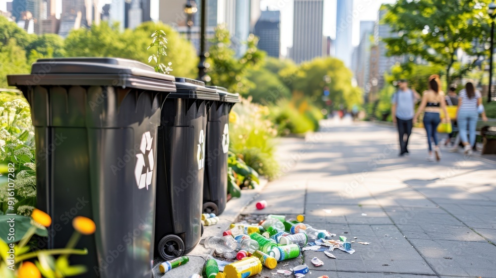 Recycling bins in a city park with trash scattered around them ...