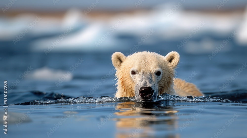 A polar bear swimming in icy waters surrounded by floating ice ...