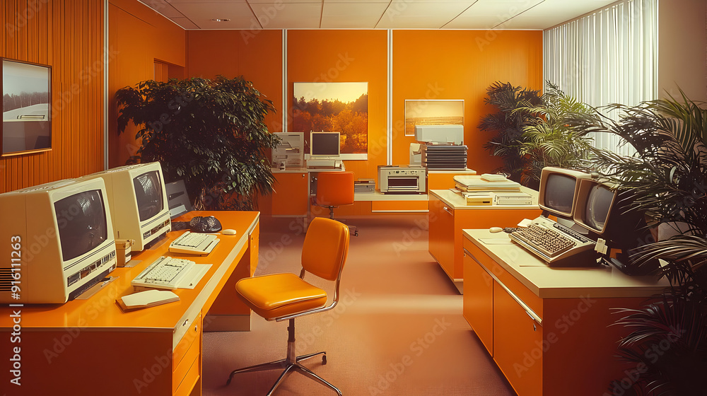 Retro office interior with computers and plants. Stock Illustration ...