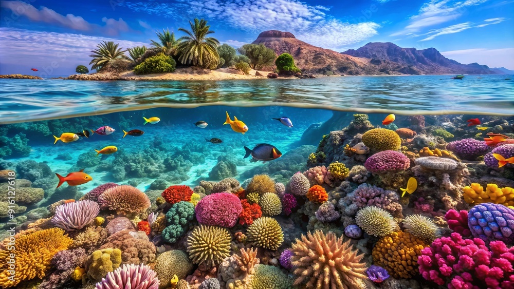 Crystal clear waters of the Red Sea with colorful coral reefs and ...