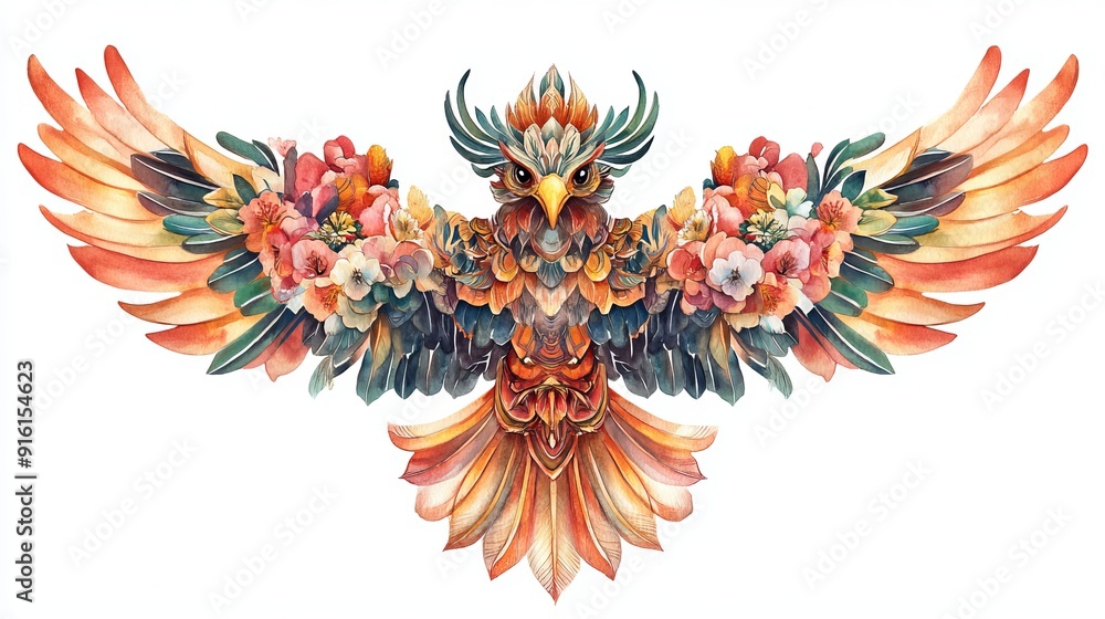 3D Watercolor Garuda Emblem with Flowers - Triangular Layout - High ...