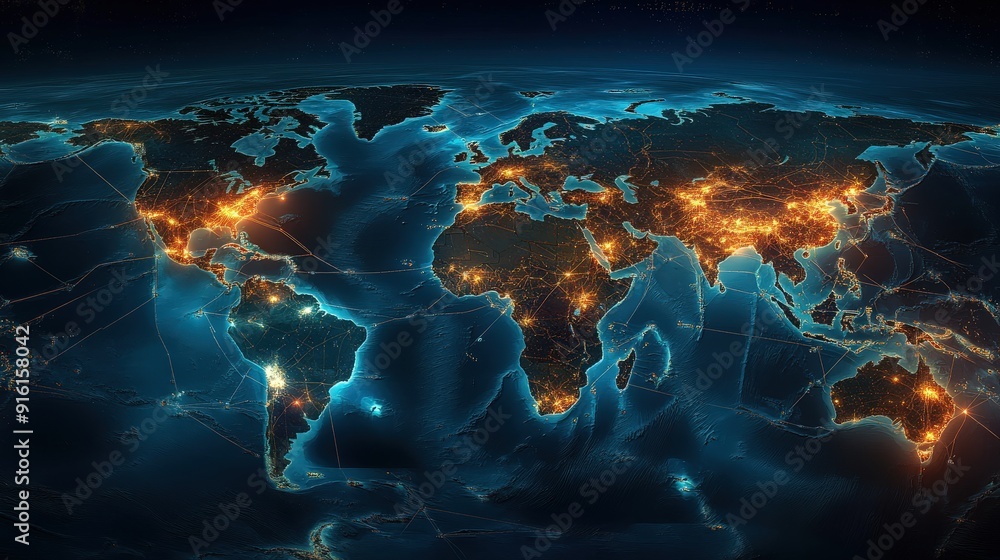 A world map with highlighted trade routes,data network, representing ...