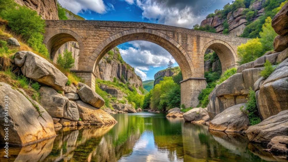 Old stone bridge crossing between two large rock formations, ancient ...