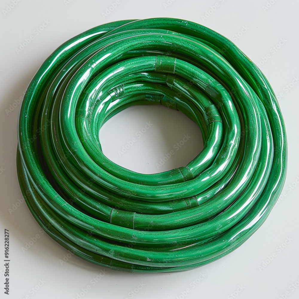 Vibrant green garden hose neatly coiled on pristine white background ...