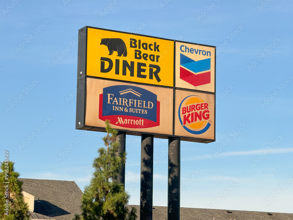 Tall freeway sign for Black Bear Diner, Fairfield Hotel, Chevron gas ...