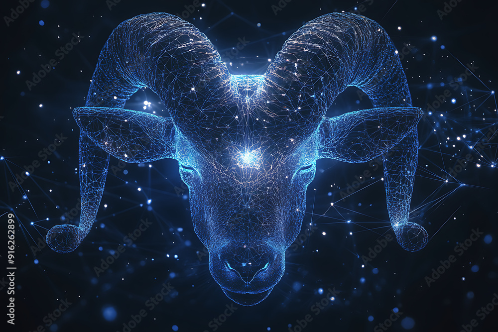 Digital wireframe polygon of the Aries zodiac sign, showcasing the ...