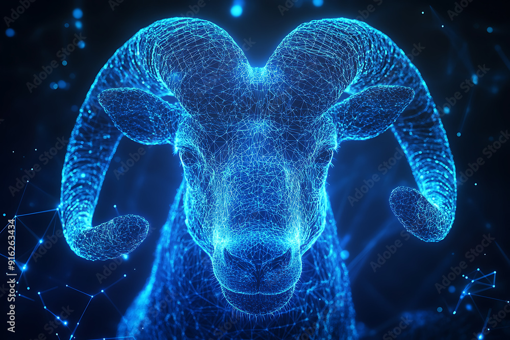 Digital wireframe polygon of the Aries zodiac sign, showcasing the ...