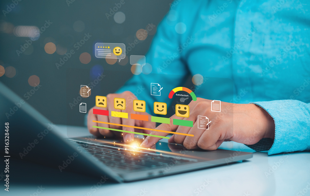 Person typing on laptop with floating smile face ratings and ...