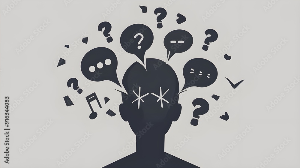 head filled with speech bubbles, exclamation marks and question marks ...