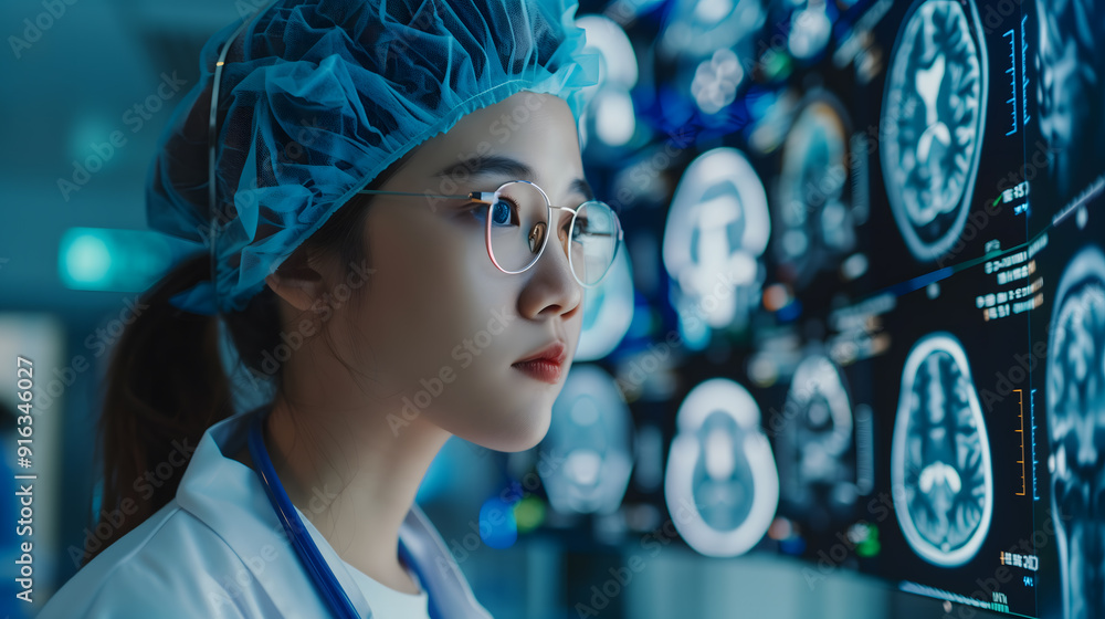 Female asian doctor specialist brain surgeon using computer holographic ...