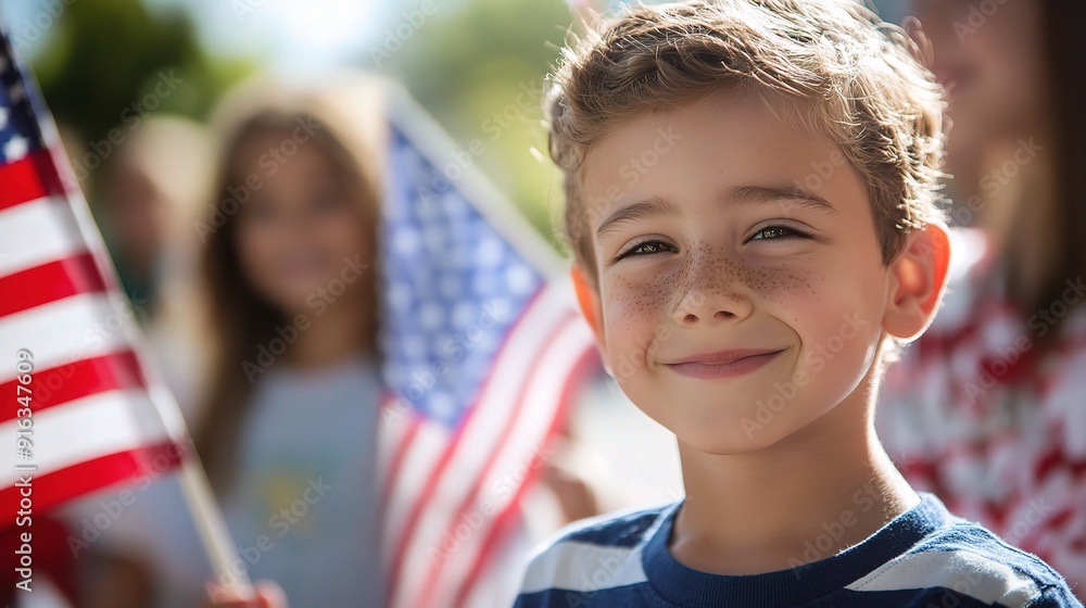 Patriotic Pride: A young boy beams with pride, holding an American flag ...