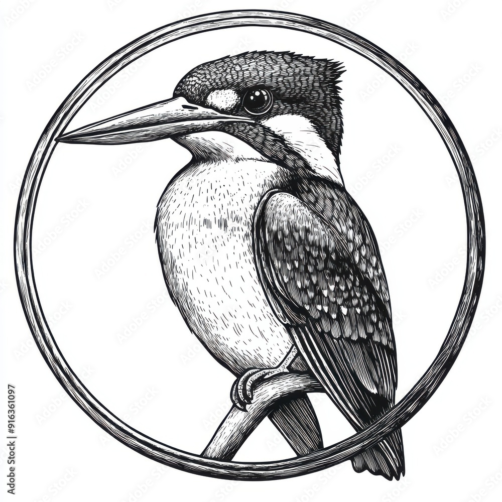 Black and white Vintage engraved art of a kingfisher in a circular ...