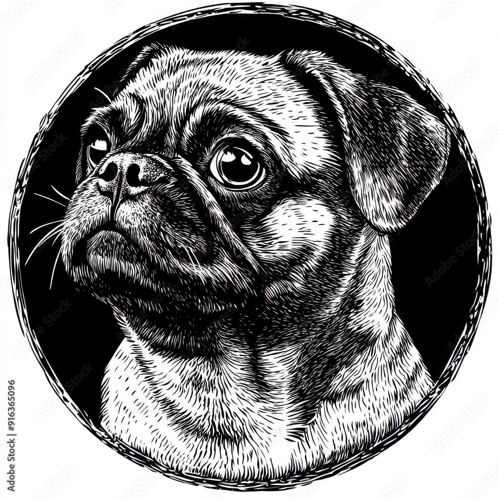 Black and white Vintage engraved art of a Pug in a circular stamp logo ...