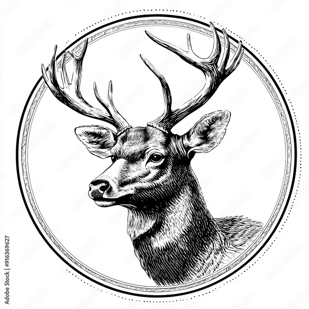 Black and white Vintage engraved art of a stag in a circular stamp logo ...