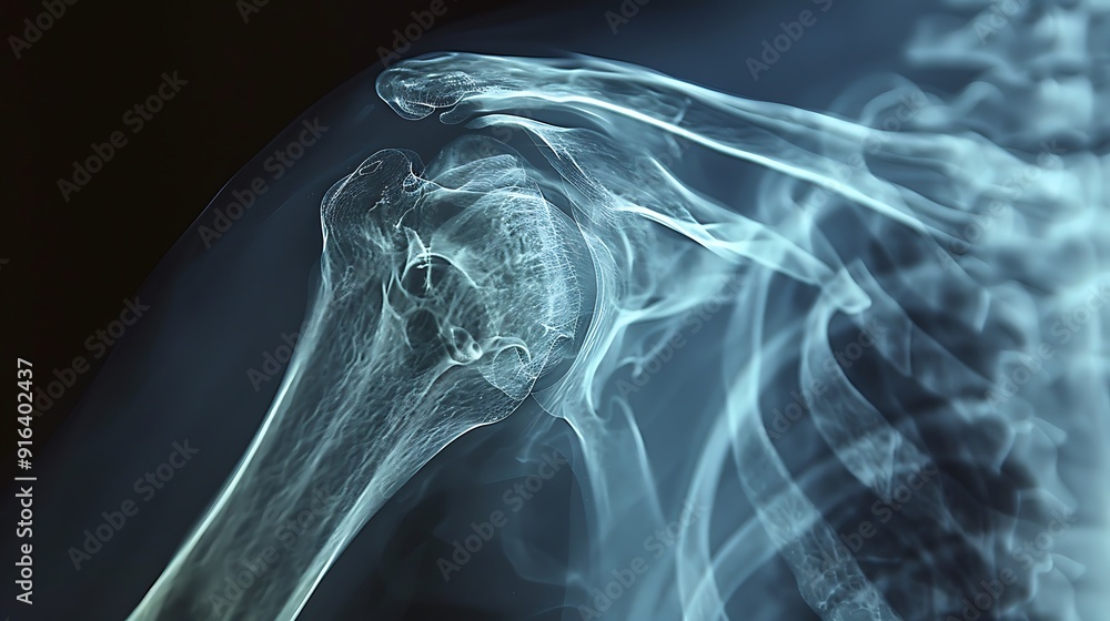 Anterior X-ray of a healing fracture in a shoulder with visible ...
